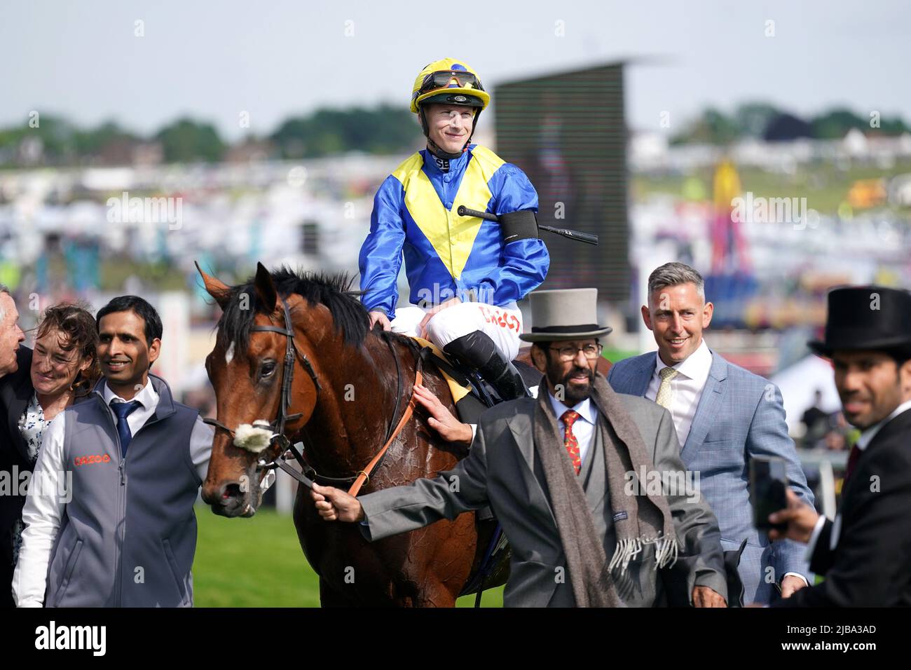 Jockey Richard Kingscote celebrates after winning the Cazoo Derby (In ...