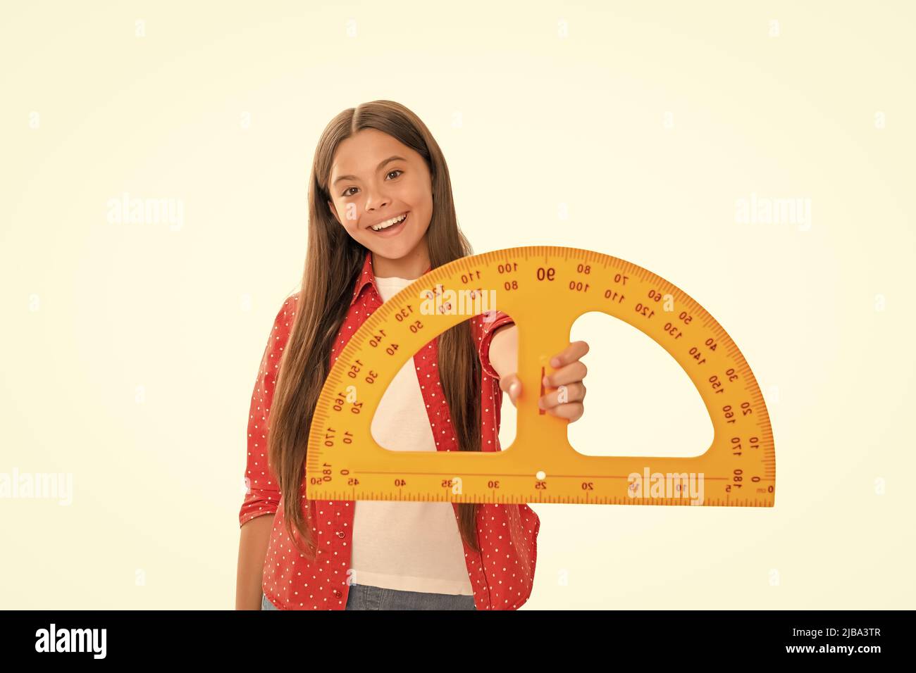 happy kid hold protractor study trigonometry at school isolated on ...