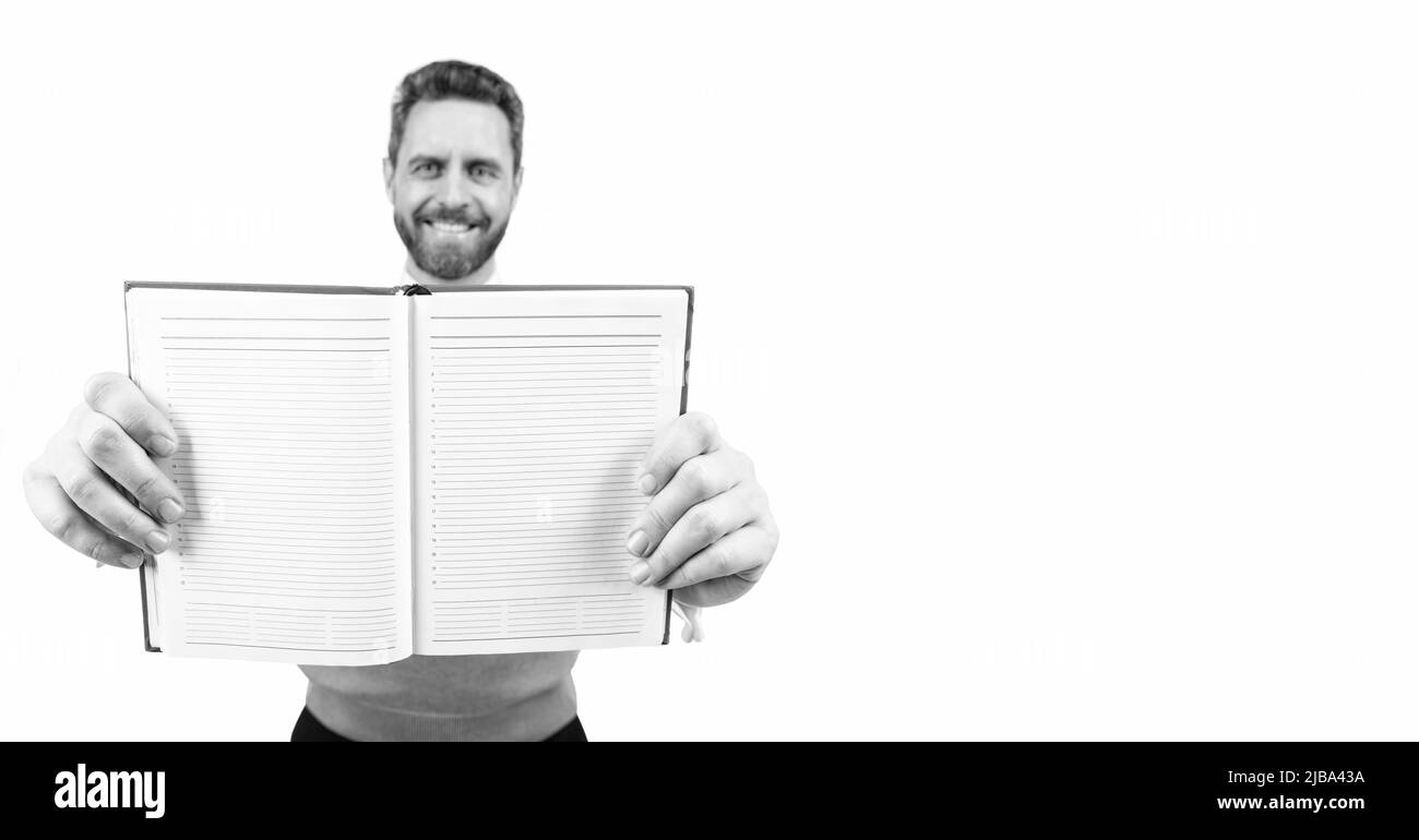 man hold planner. copy space. agenda. businessman hold notebook. ceo ...