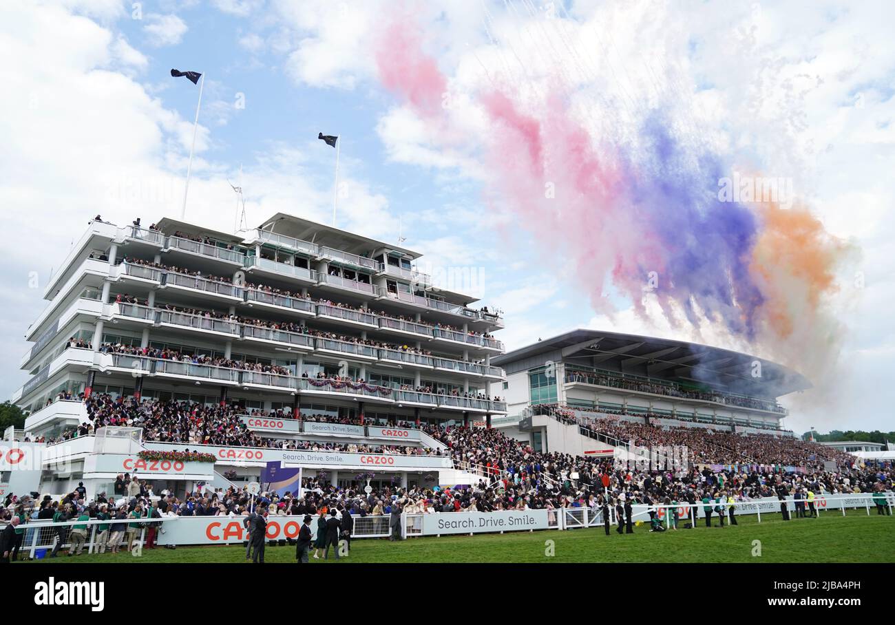 Fireworks are let off before the start of the Derby on Derby Day during ...