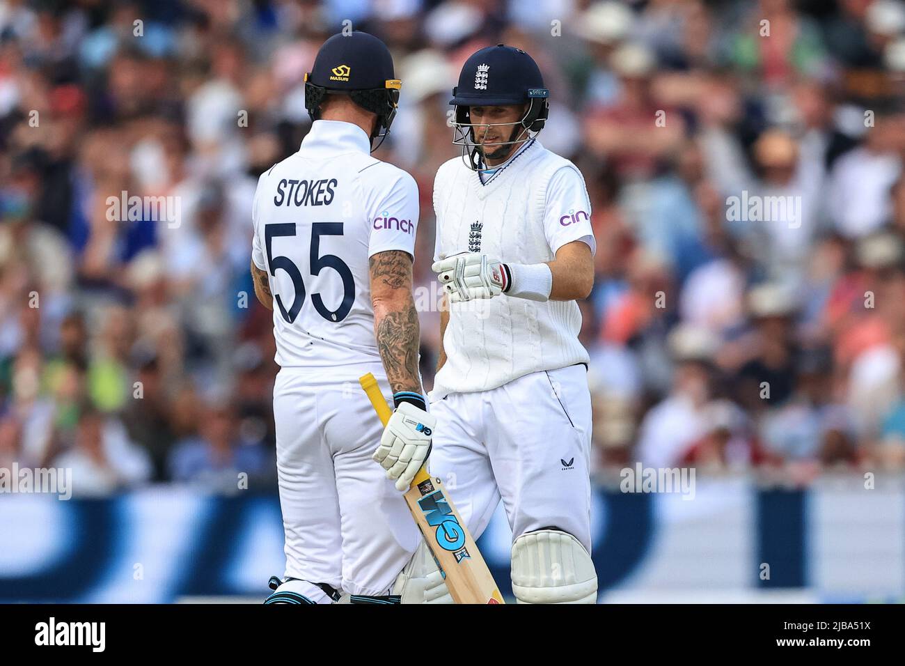 Ben Stokes of England and Joe Root of England have a partnership of 50 ...