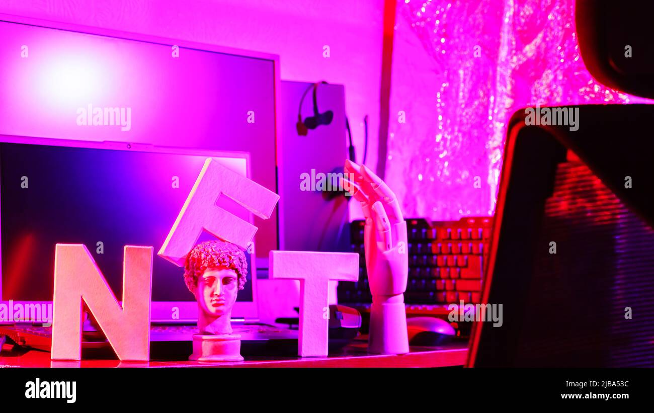 NFT (Non-Fungible Token) and artificial arm. NFT inscription and ...