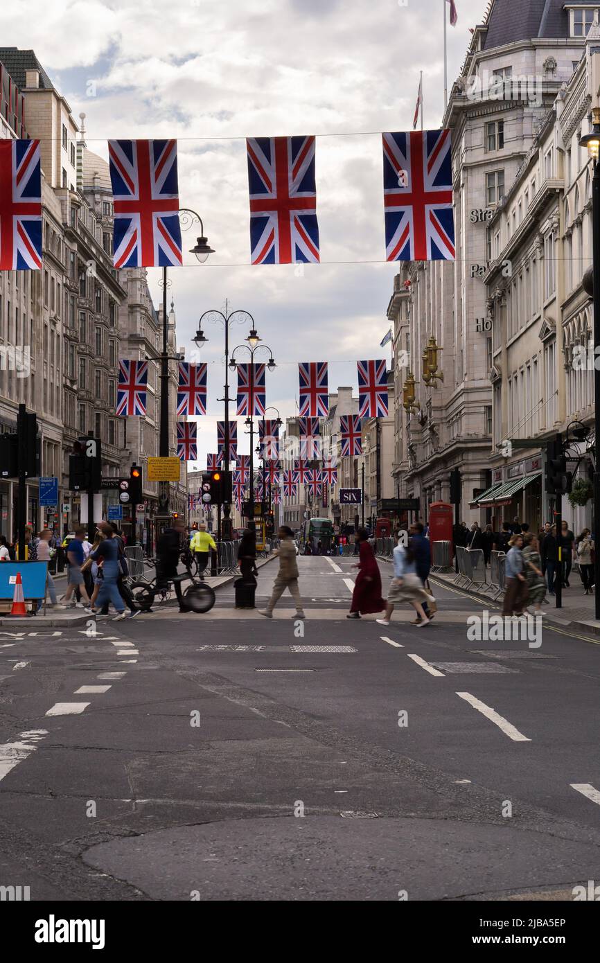 Union Jack banners on Strand in celebration of Queen Elizabeth II's ...