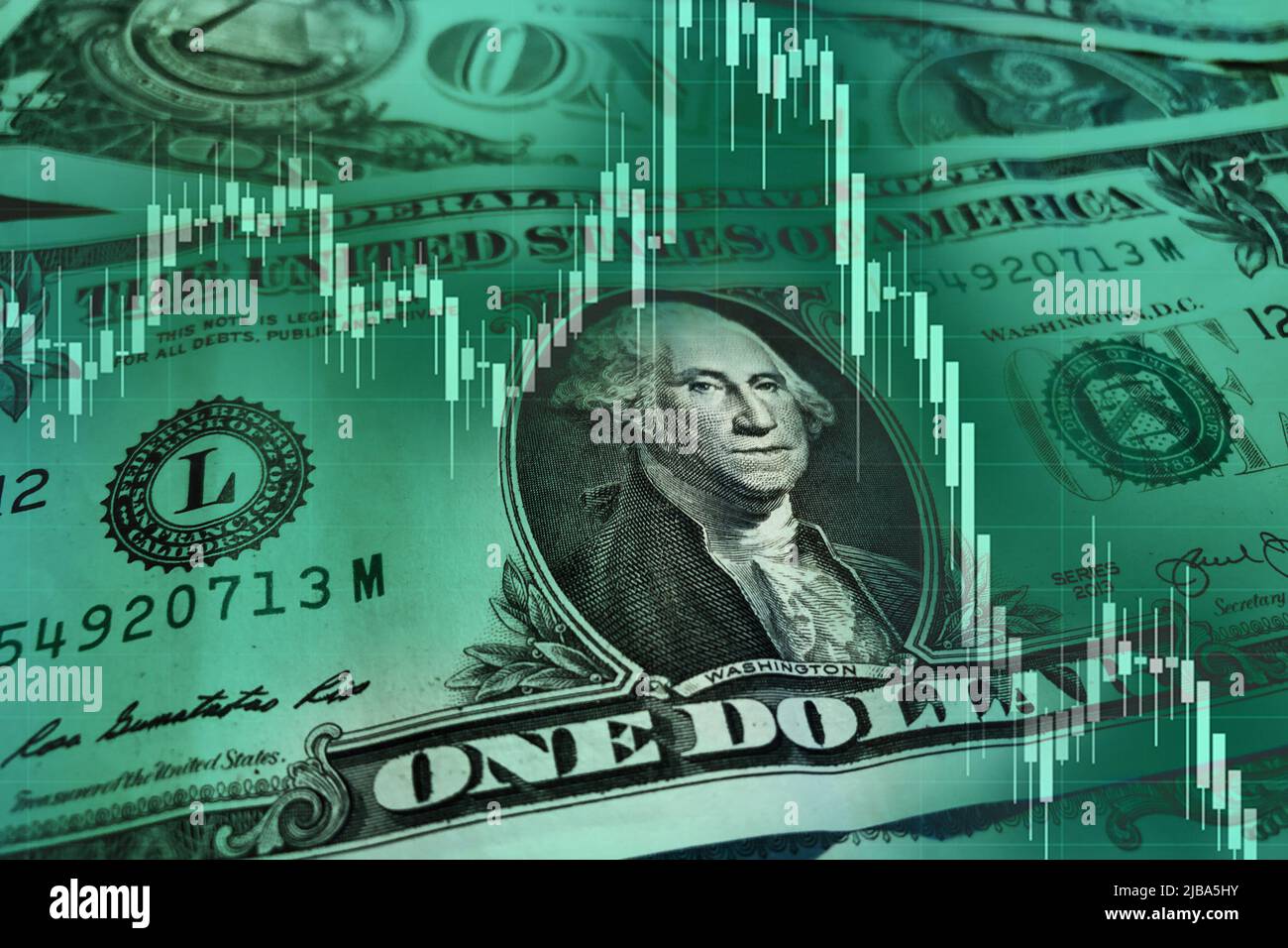 US dollar with falling stock market index graph. Dollar declining chart ...