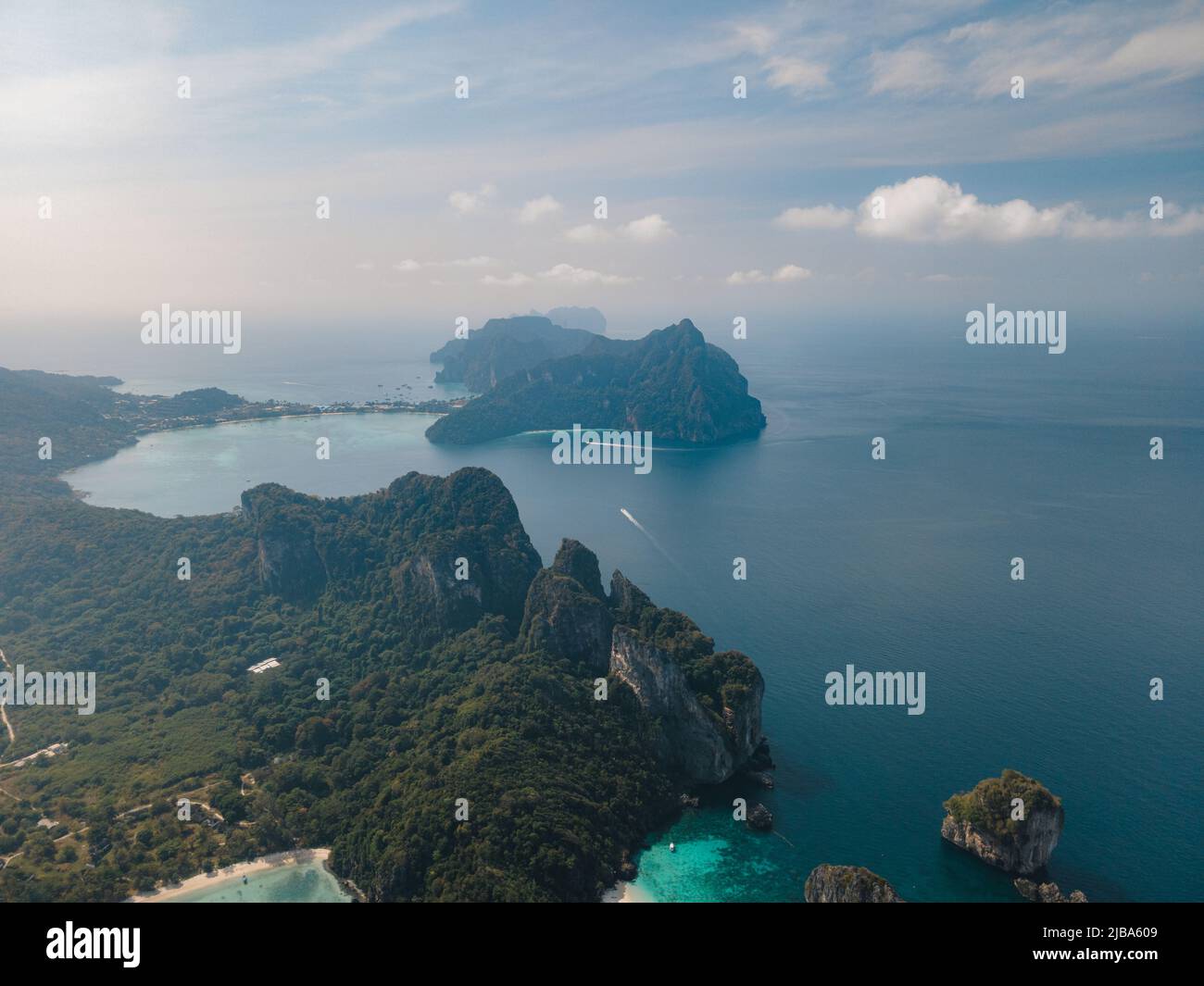 Aerial view of the turquoise waters around the island of Koh Phi Phi ...