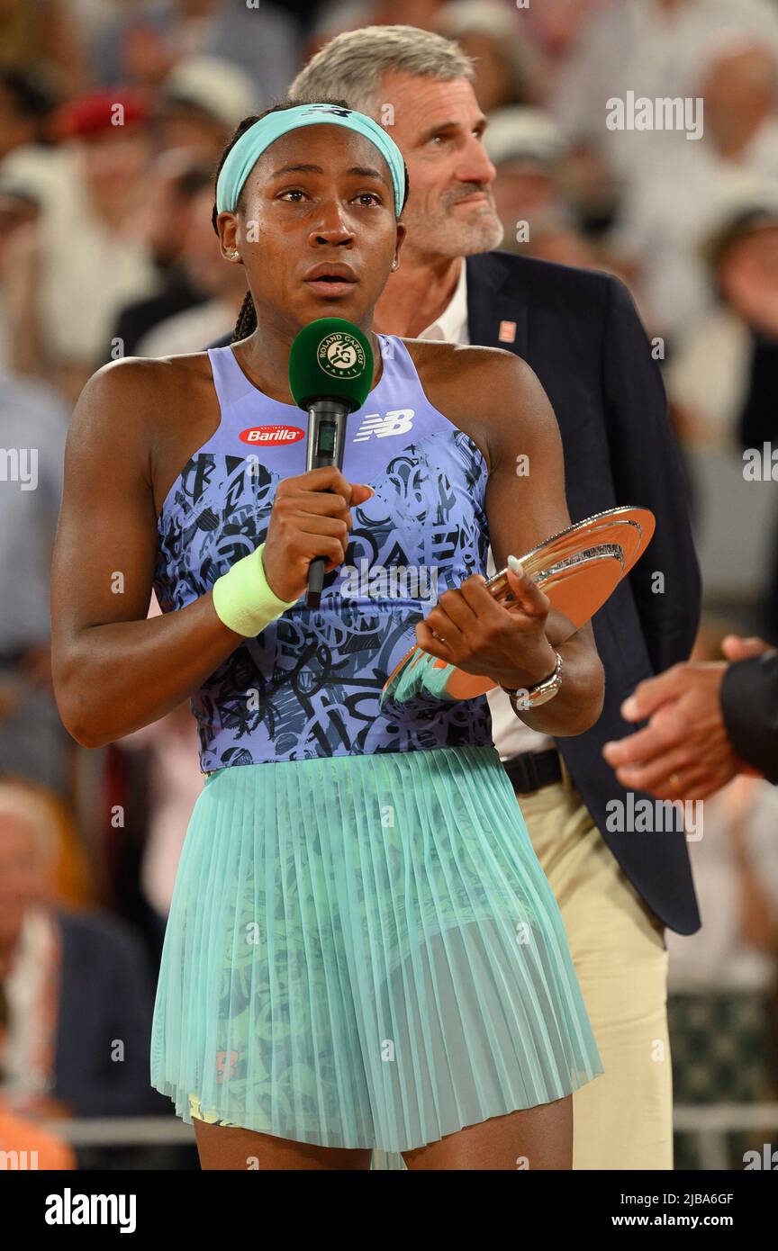 Coco Gauff of The United States reacts after being presented with the ...