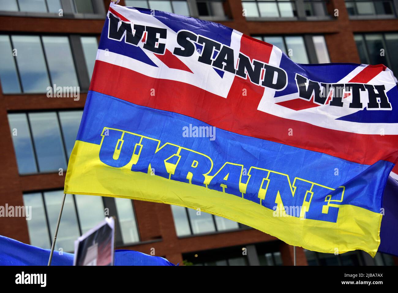 Manchester, UK, 4th June, 2022. A flag combines the Union Jack and the ...