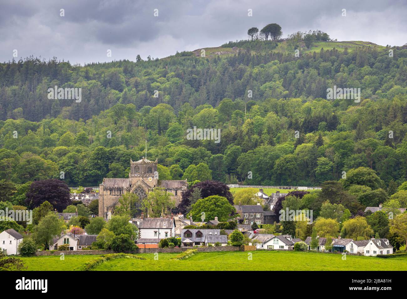 Cartmel Priory and village from the ascent to Hampsfell, Lake District ...