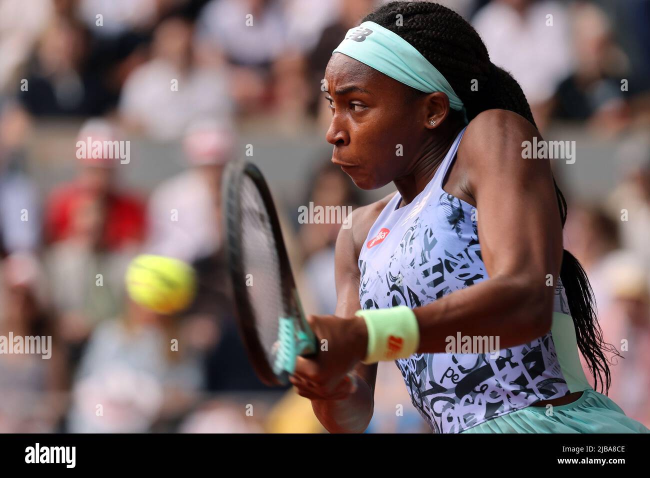 Paris, France. 04th June, 2022. US Coco Gauff returns the ball to Iga Swiatek of Poland during ...