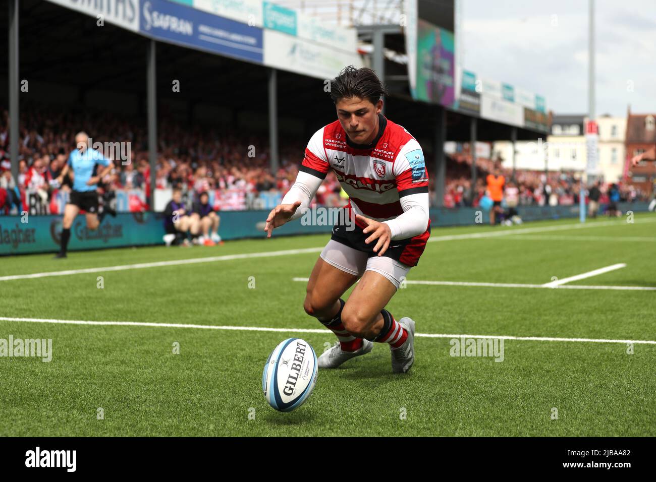 Gloucester Rugby's Louis Rees-Zammit scores a try during the Gallagher ...