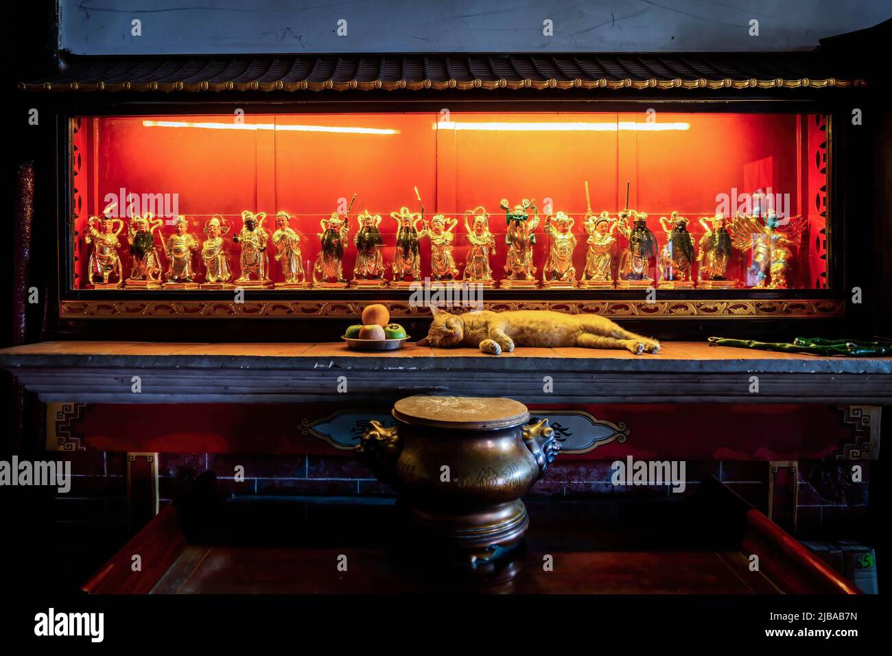 A cat is seen taking a nap on an altar at a Chinese-Malaysian temple in ...