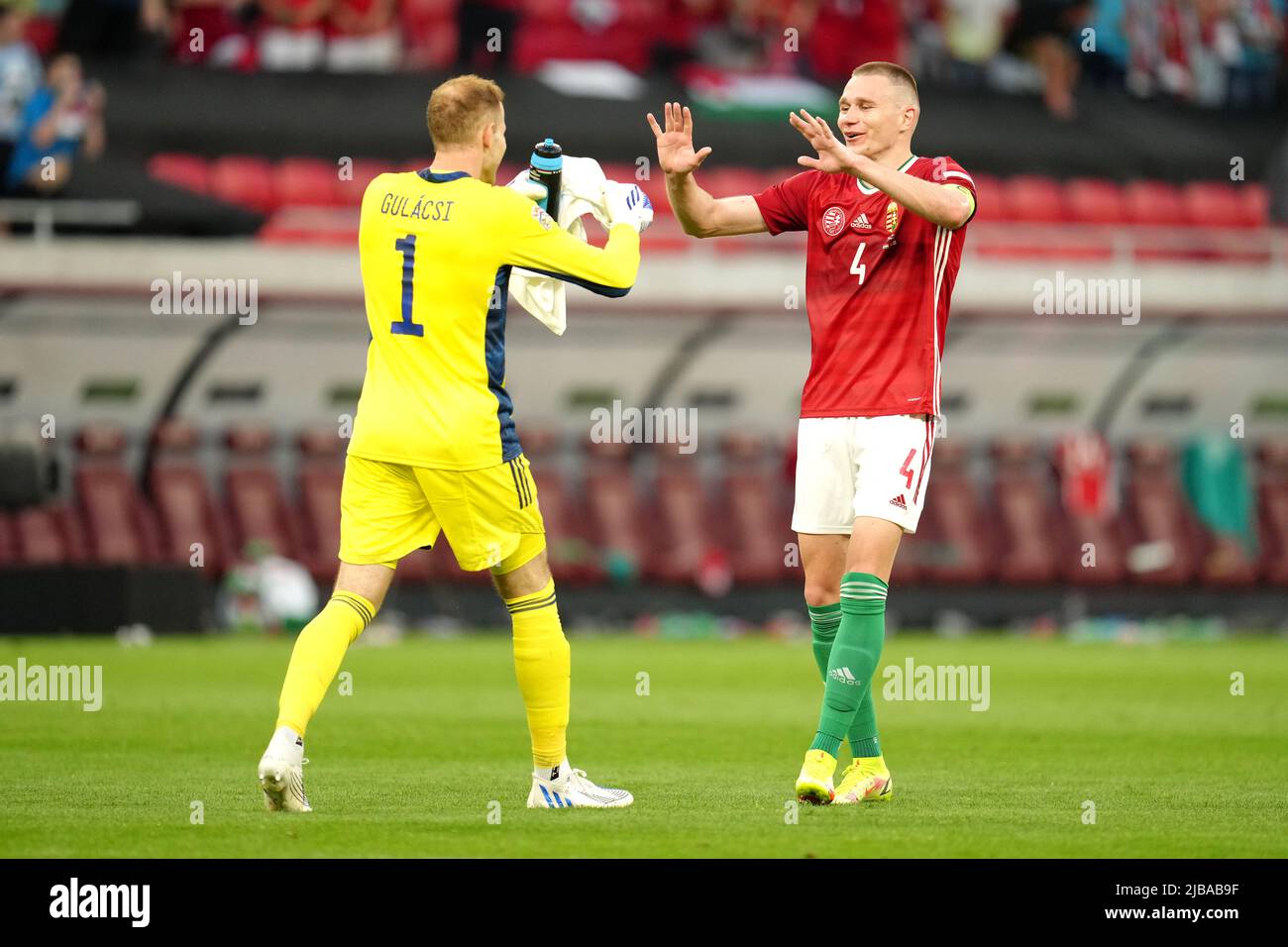 Hungary goalkeeper Peter Gulacsi (left) and Attila Szalai celebrate ...
