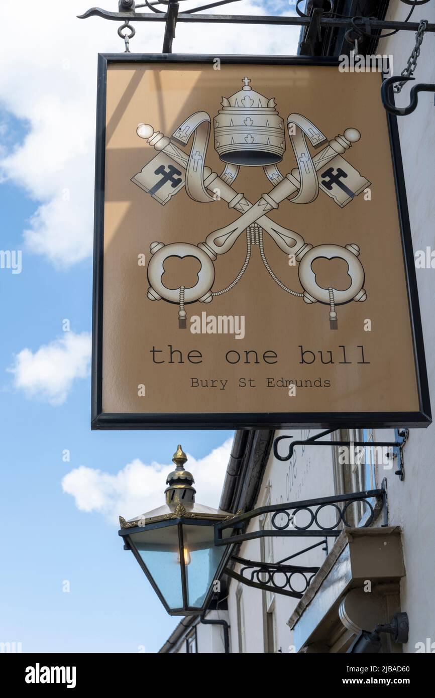 Traditional hanging pub sign at The One Bull public house, Angel Hill ...