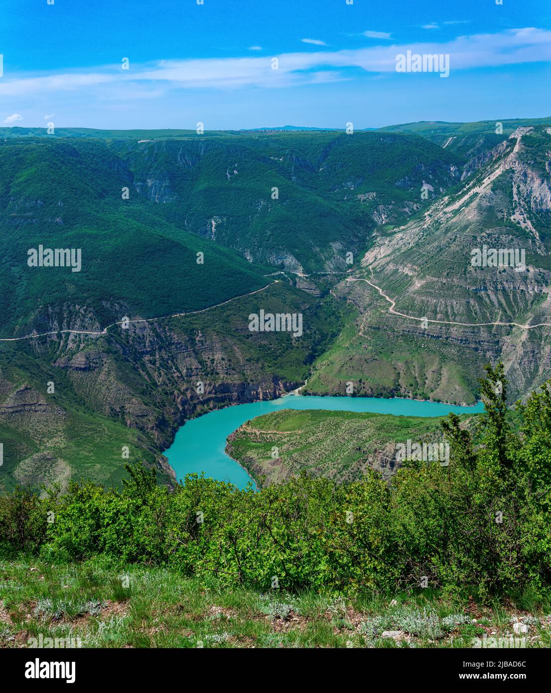 mountain landscape, view of the deep canyon with blue water, valley of ...