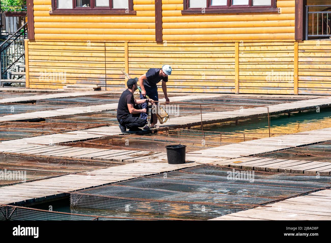 Dagestan, Russia - May 13, 2022: workers at a fish farm maintain ...