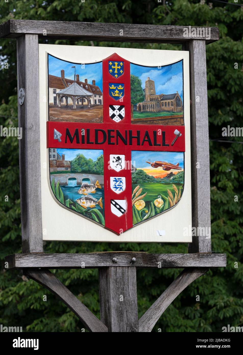 Mildenhall village sign at Mildenhall, a market town in Suffolk ...