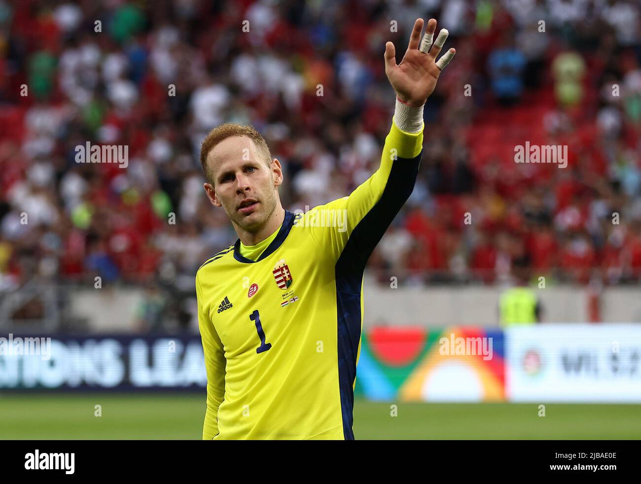 Hungary goalkeeper Peter Gulacsi salutes fans following the UEFA ...