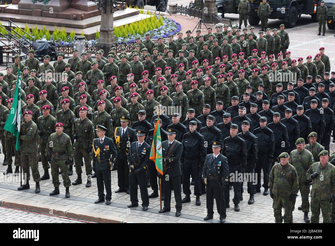 Finnish army soldiers line up for a military parade on Flag Day of the ...
