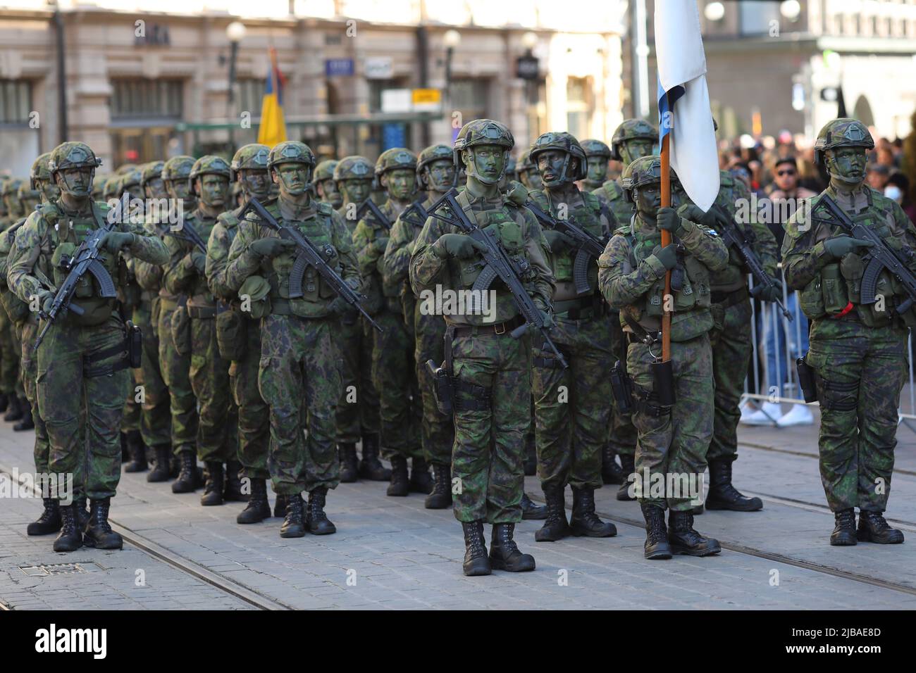 Finnish army soldiers line up for a military parade on Flag Day of the ...