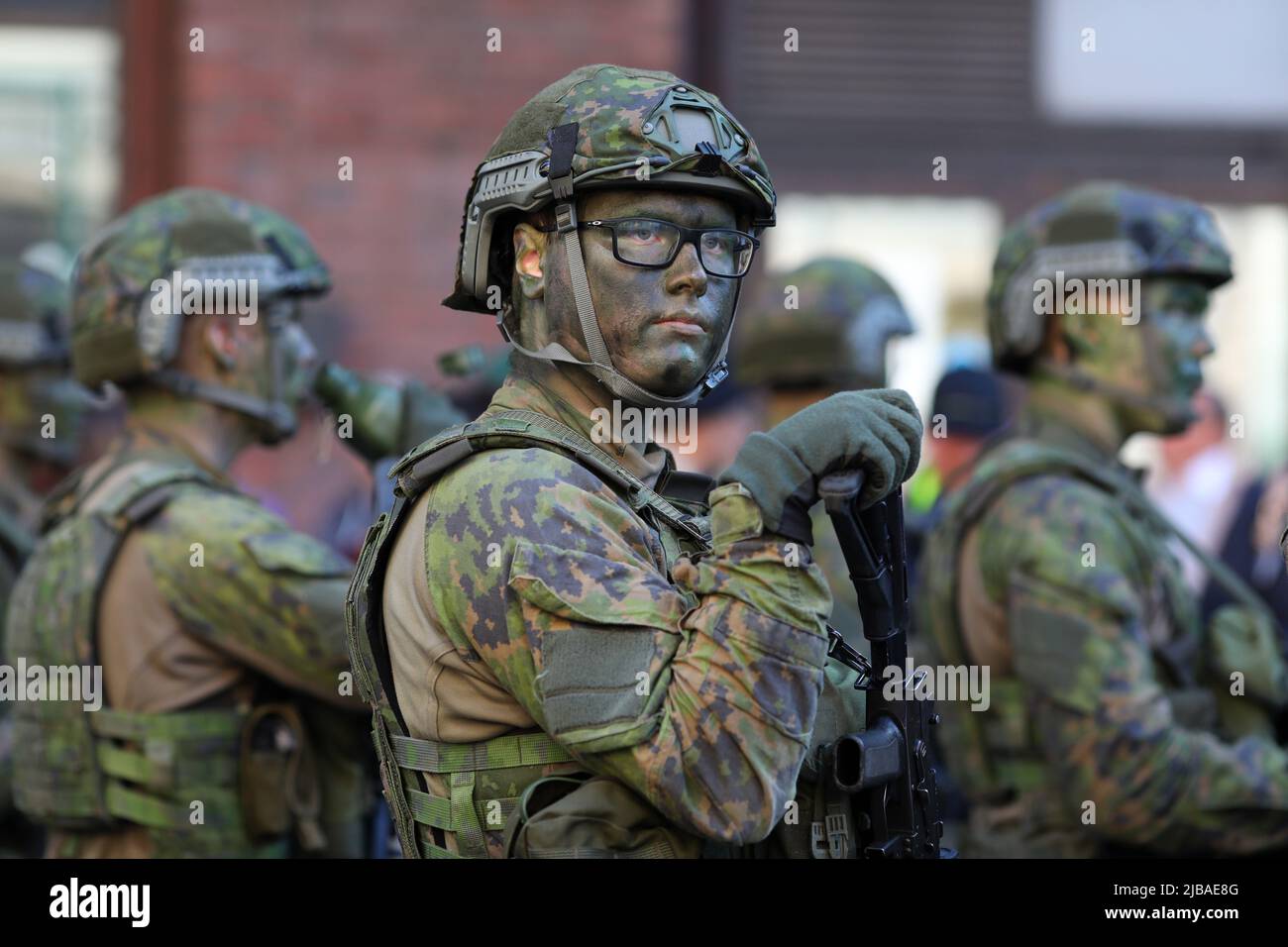 Finnish army soldiers line up for a military parade on Flag Day of the ...