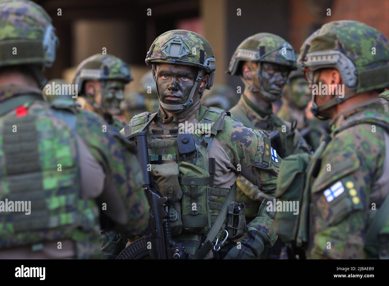 Finnish army soldiers line up for a military parade on Flag Day of the ...