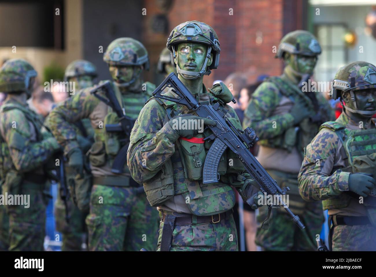 Helsinki, Finland. 04th June, 2022. Finnish army soldiers line up for a ...
