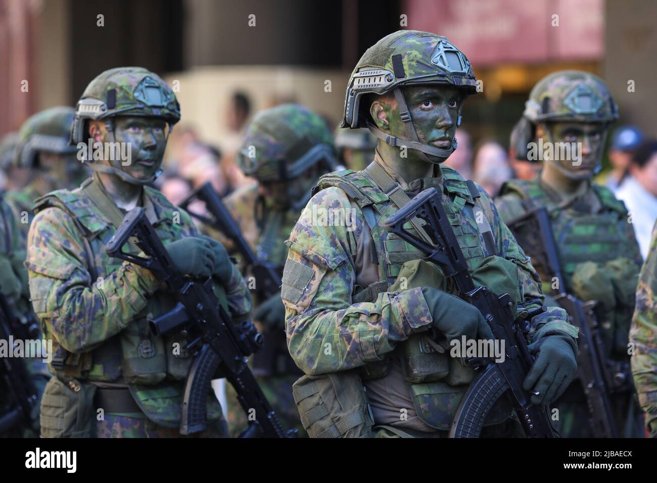 Finnish army soldiers line up for a military parade on Flag Day of the ...
