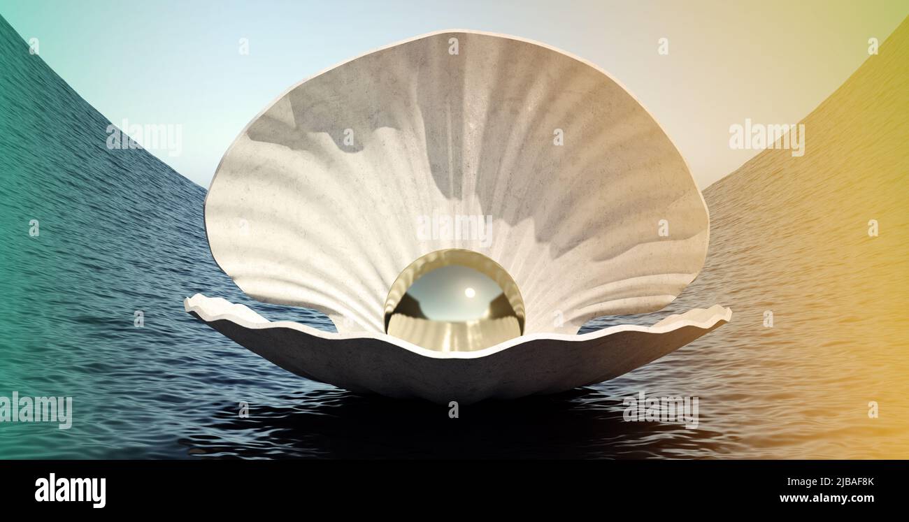shell with a golden pearl on the curve surface of the water. 3d ...