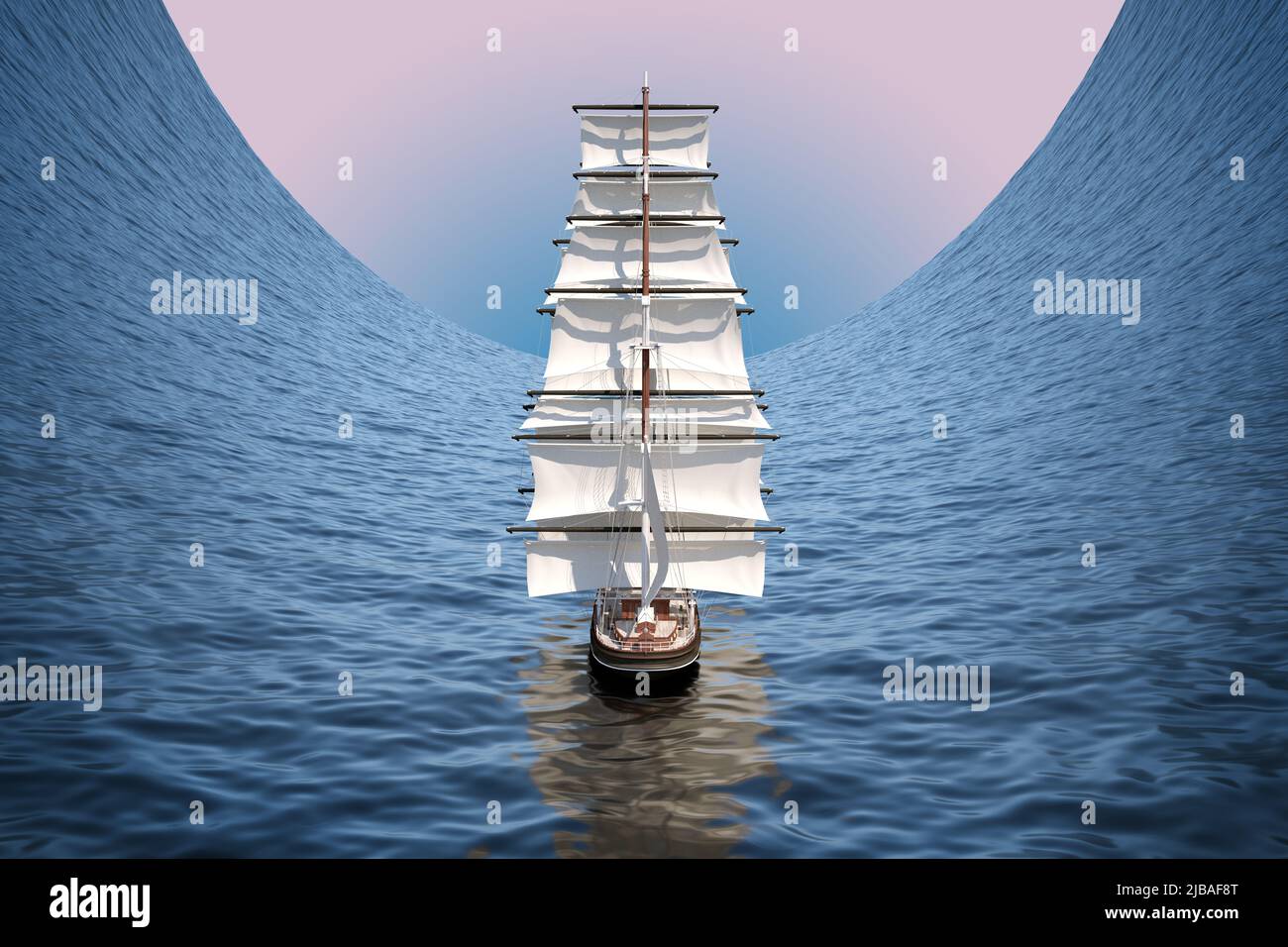ship with sails on the curved surface of the sea back view. 3d ...
