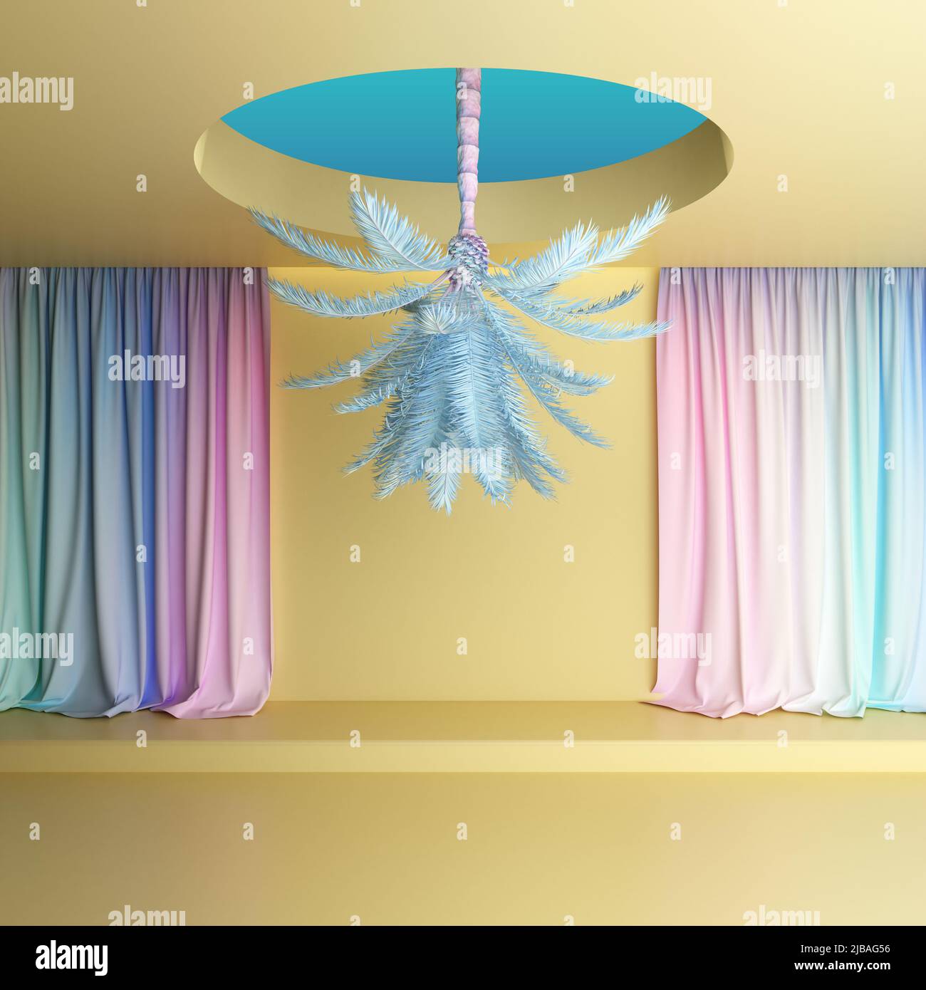 minimalistic scene with upside down palm tree in the hole. 3d rendering ...