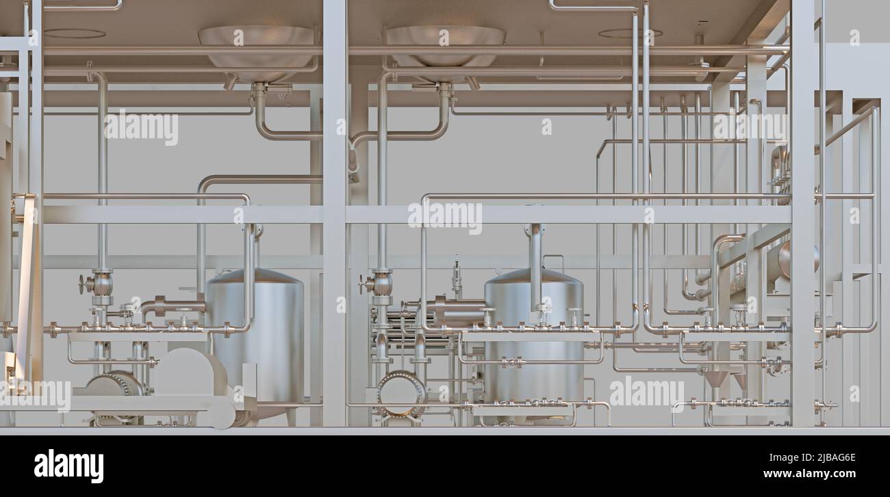 close up industrial background with reactors pipes engines. 3d ...