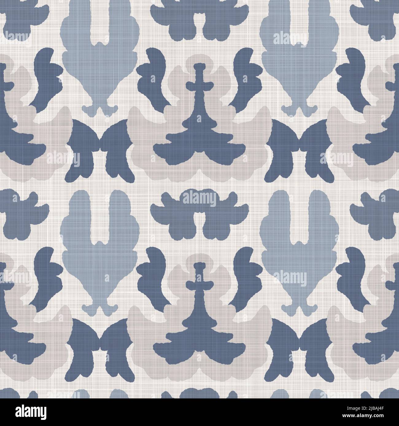 French blue doodle motif linen seamless pattern. Tonal country cottage ...