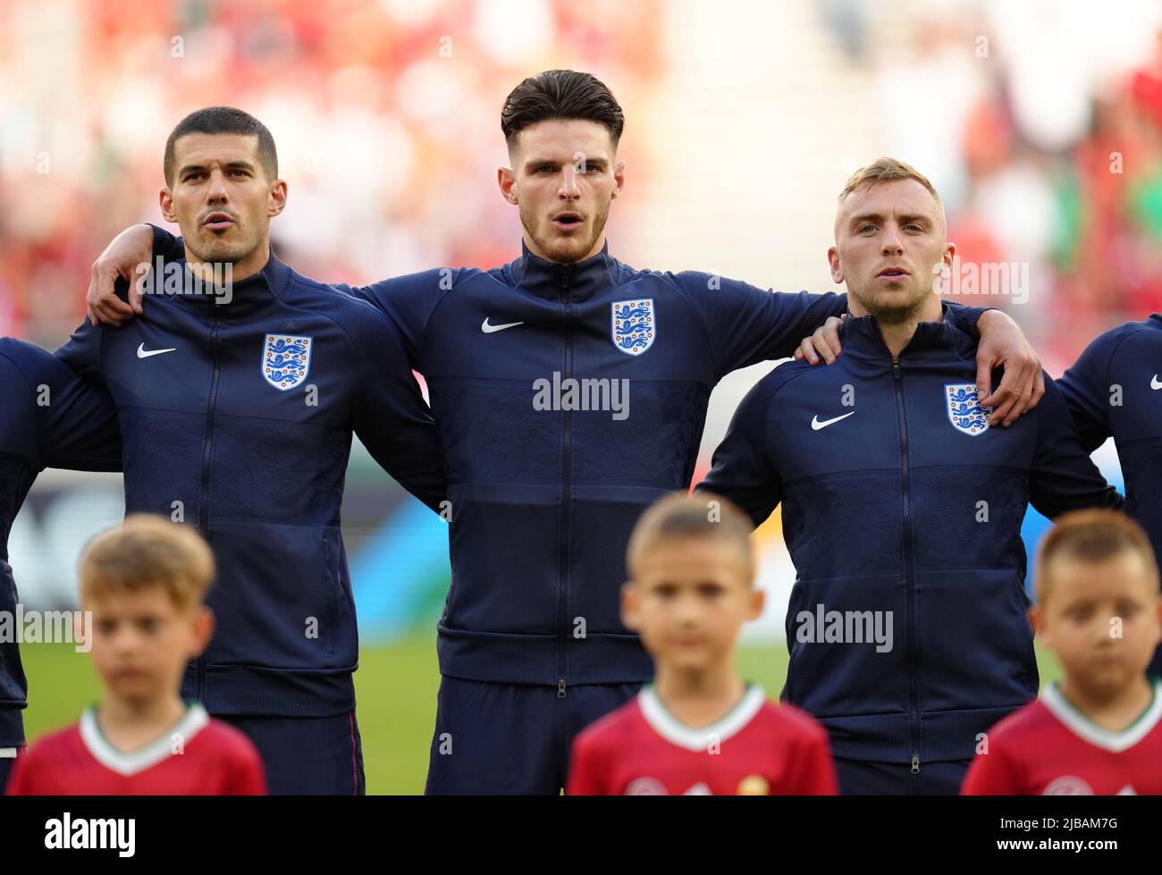 England's Conor Coady, Declan Rice and Jarrod Bowen sing the national ...