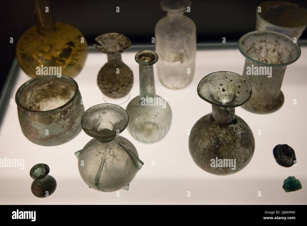 Leiden, The Netherlands - AUG 07, 2021: a collection of roman glass ...