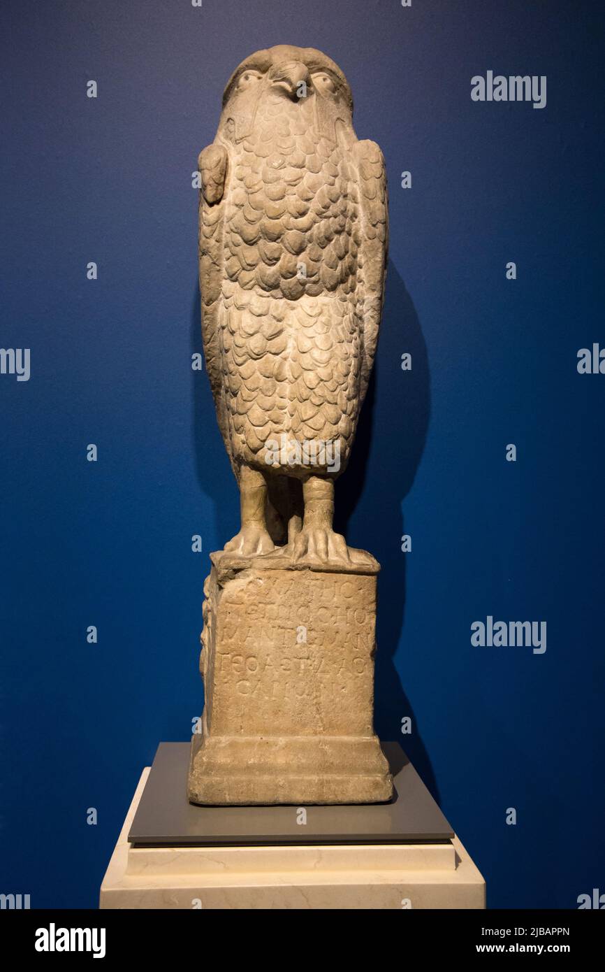 Leiden, The Netherlands - AUG 07, 2021: Greco-egyptian owl statue. The ...