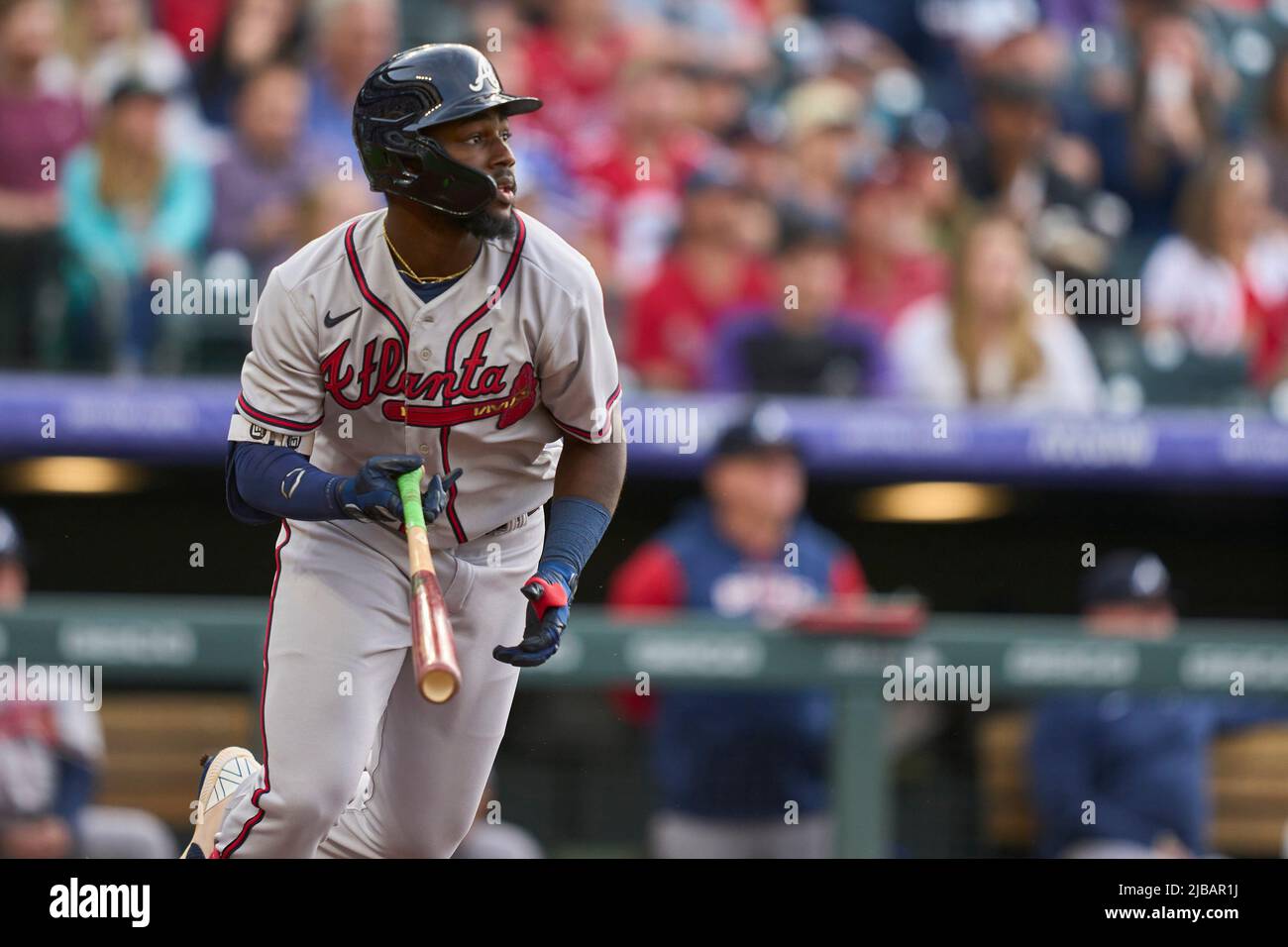 Denver CO, USA. 3rd June, 2022. Atlanta centerfielder Michael Harris II ...