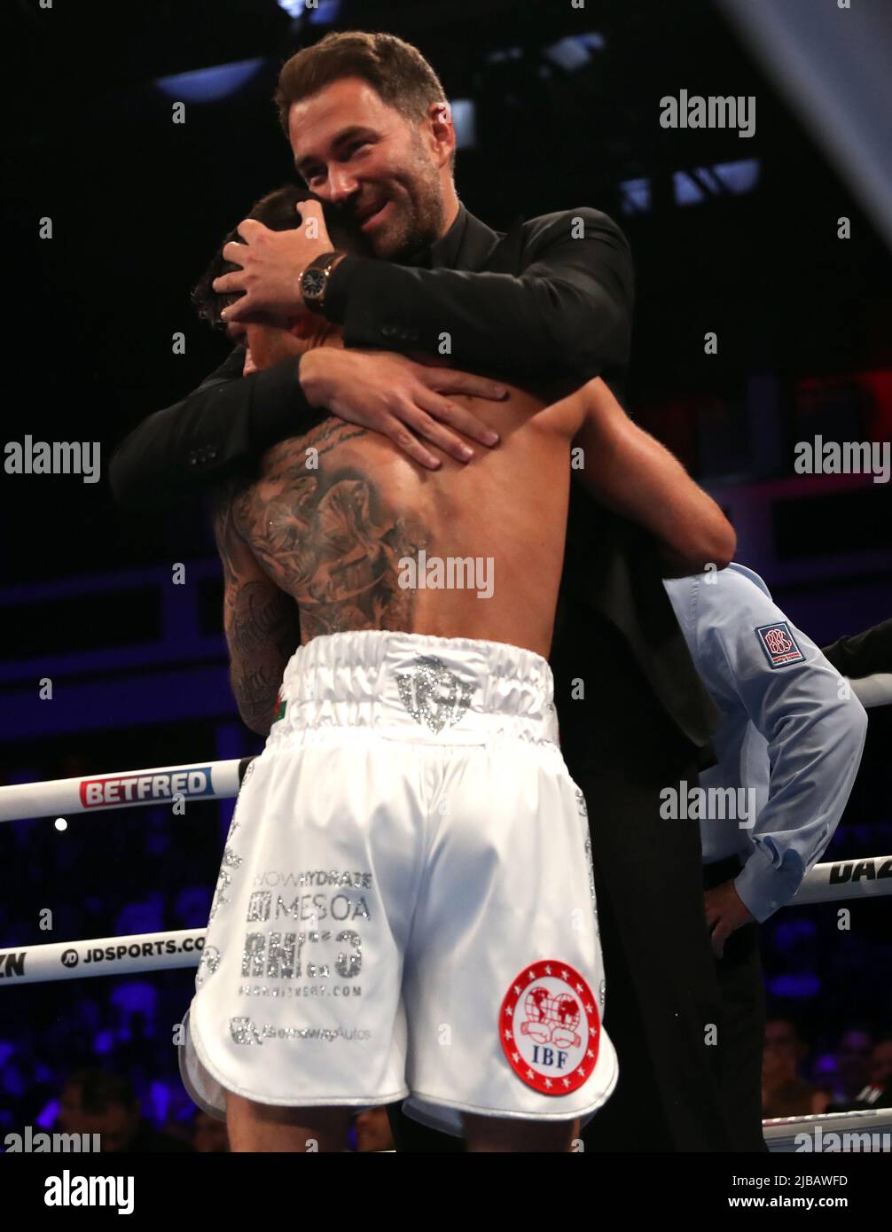 Joe Cordina greets promoter Eddie Hearn after defeating Kenichi Ogawa ...