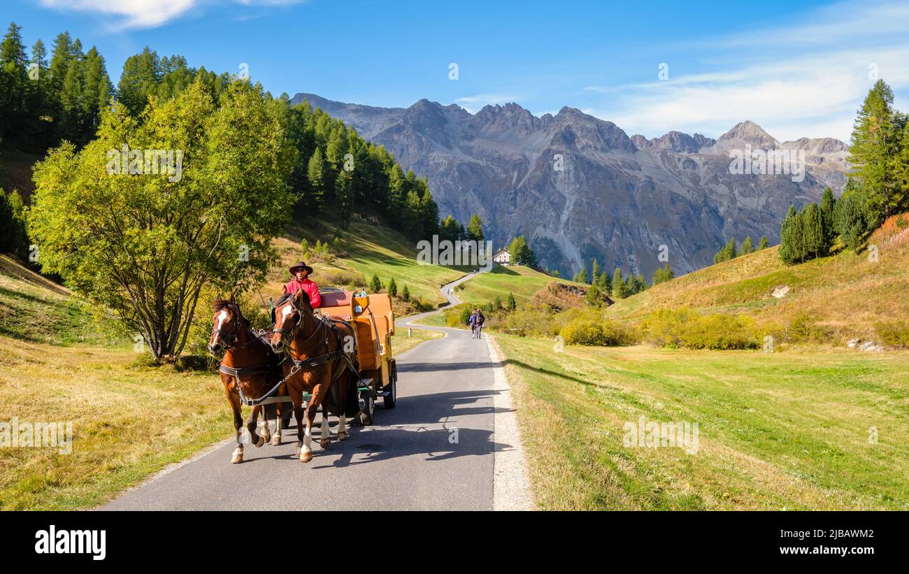 Val Fex, Switzerland - September 25, 2021: Horse-drawn carriage rides ...