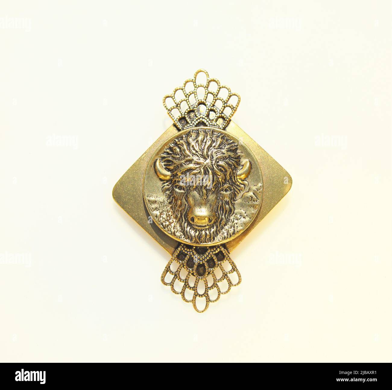 Bison ram head symbol of prosperity gold tone filigree brooch pin ...