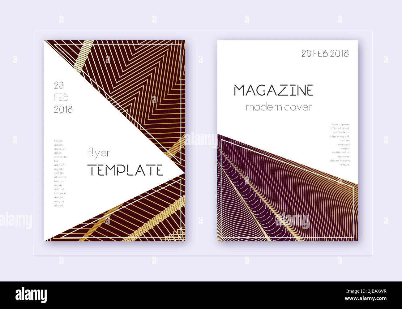 Triangle cover design template set. Gold abstract lines on maroon ...