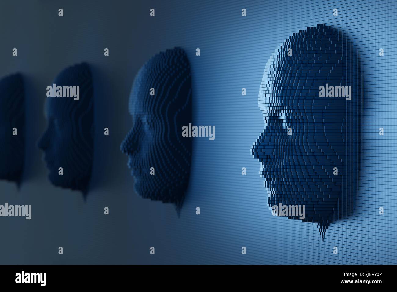 Human faces made up of blue cubes. Artificial intelligence concept. 3d ...