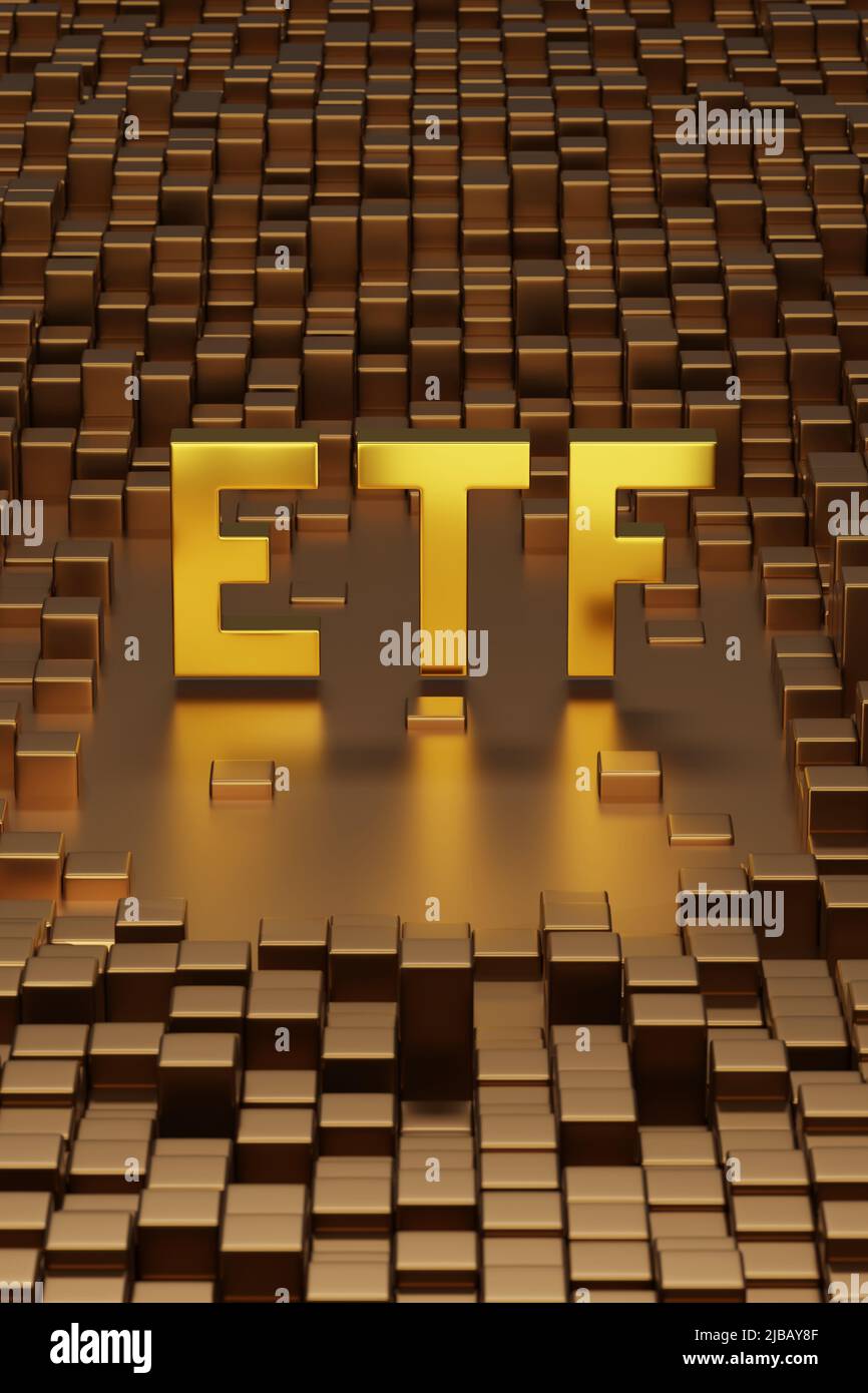 Golden ETF solid word on metallic cubes. 3d illustration Stock Photo ...