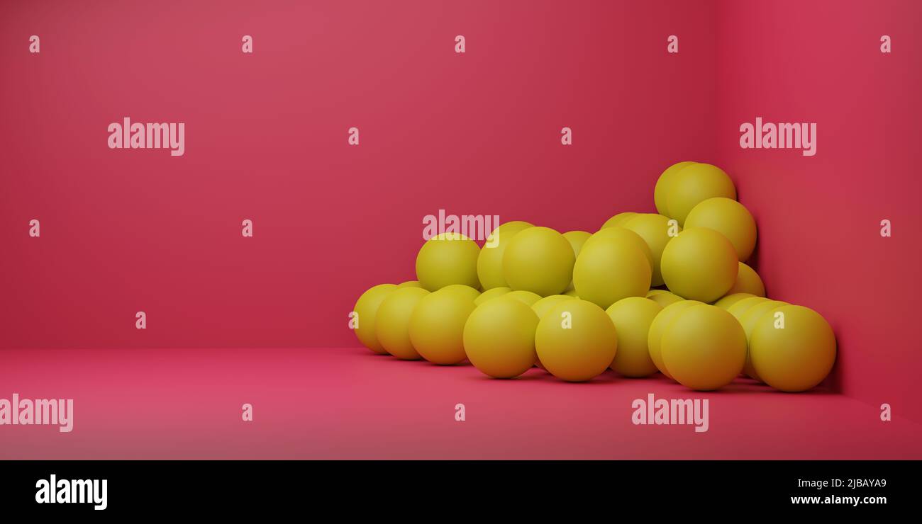 Yellow spheres in one corner on red background. 3d illustration Stock ...
