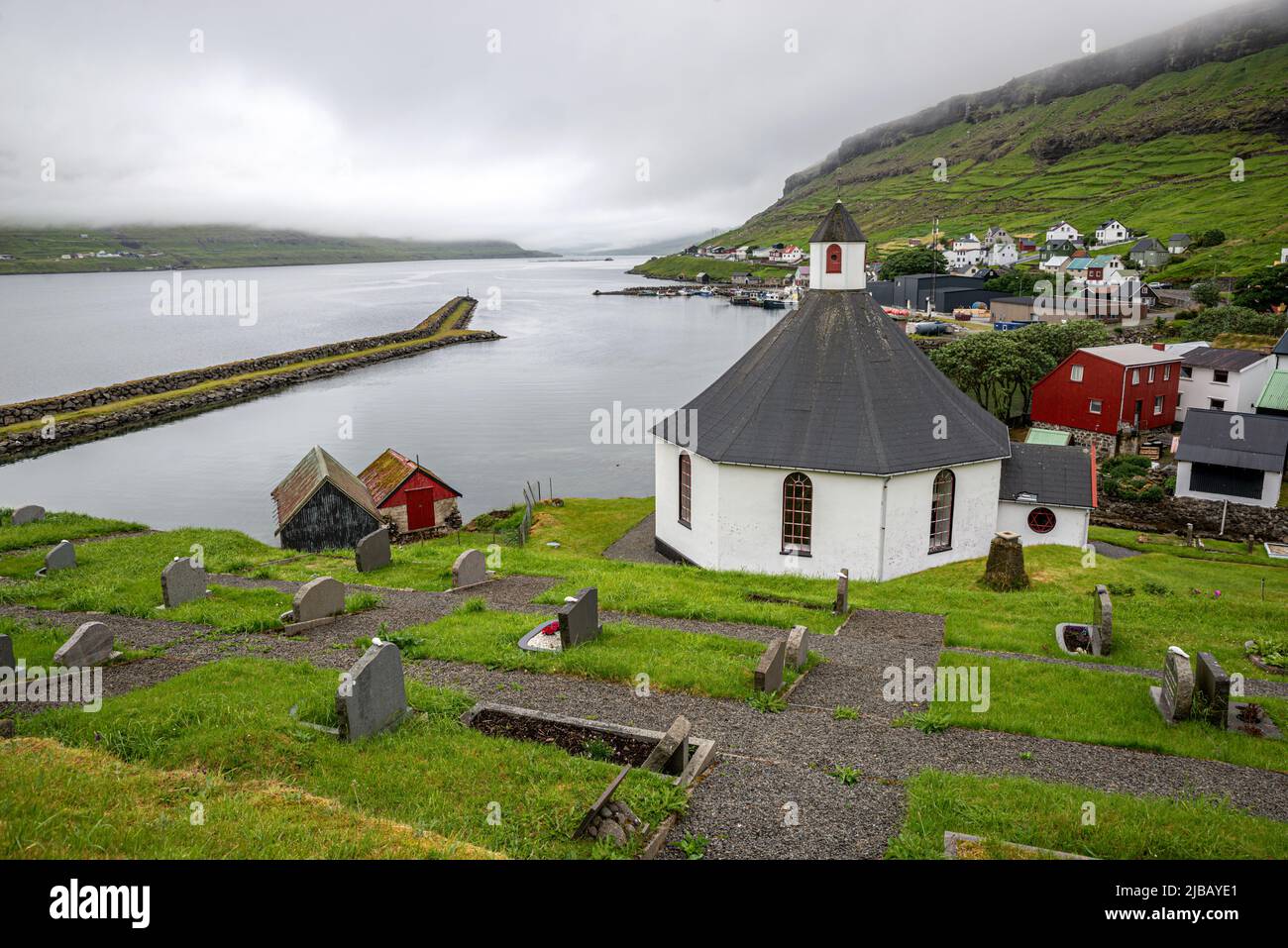 Octagonal church in Haldorsvik village, Eysturoy Island, Faroe ...