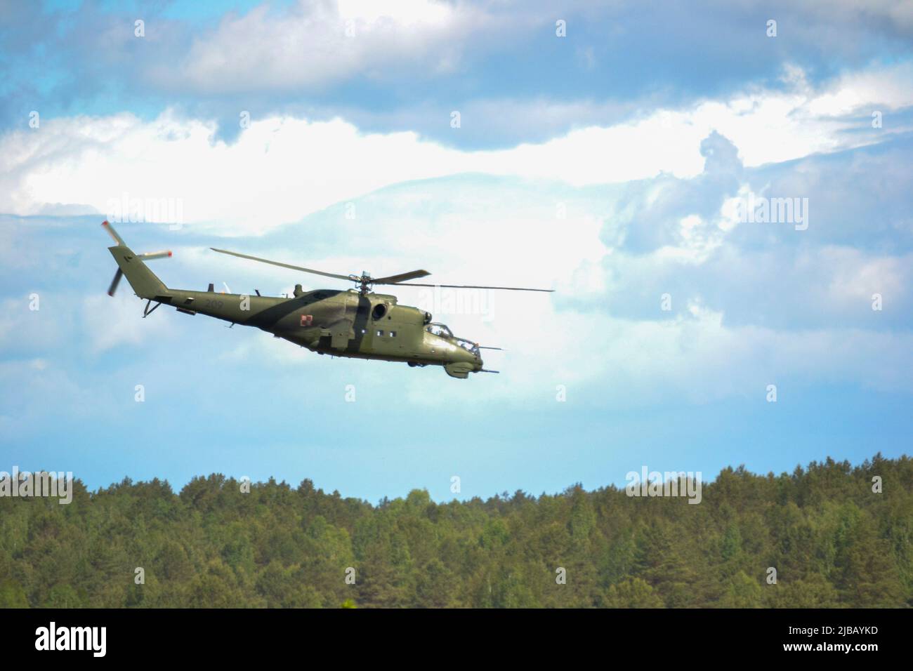 A Polish Mil Mi-24 “Hind” attack helicopter maneuvers during a Defender ...