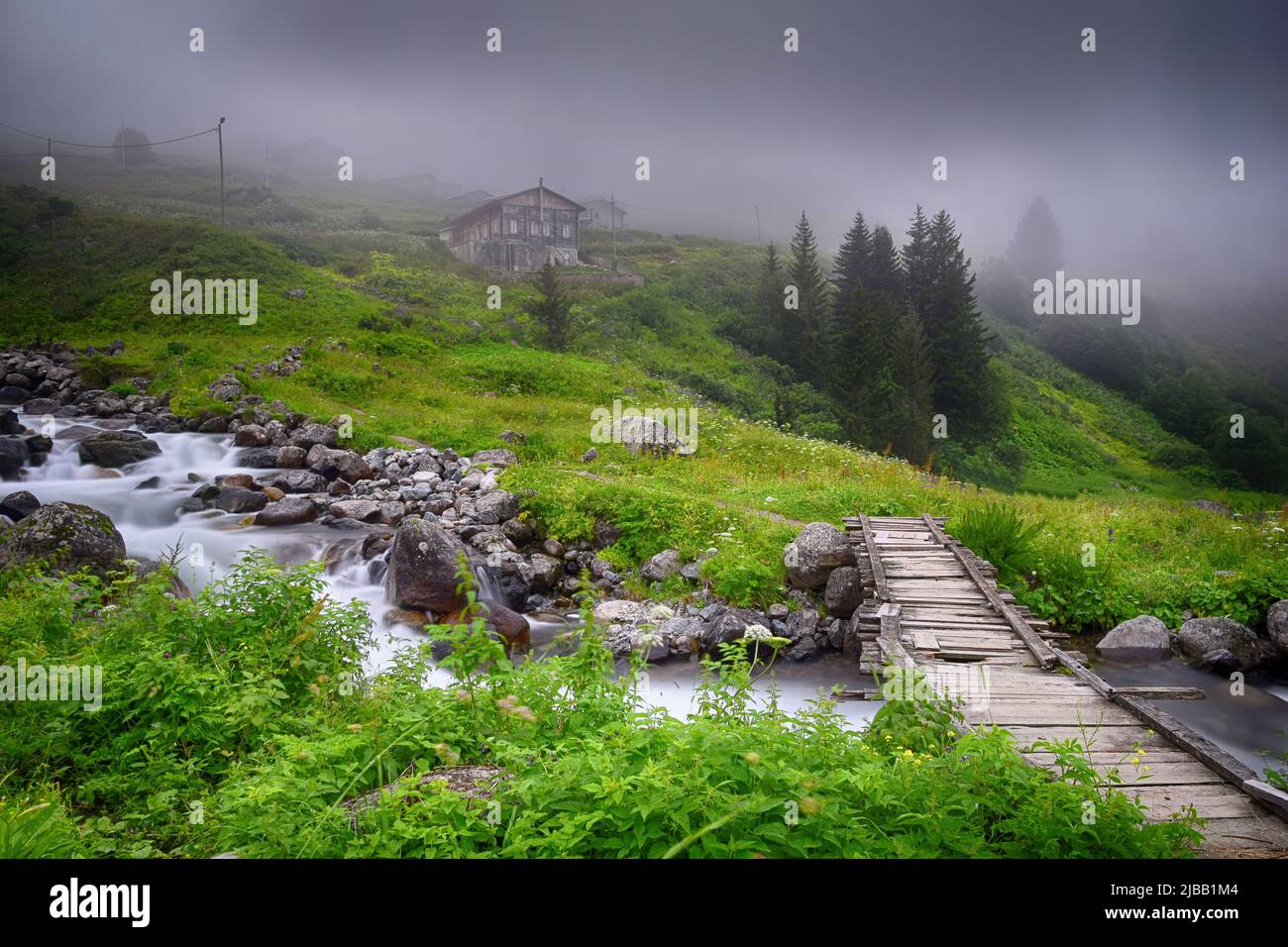 Wooden bridge that provides a passageway over the creek. The image was ...