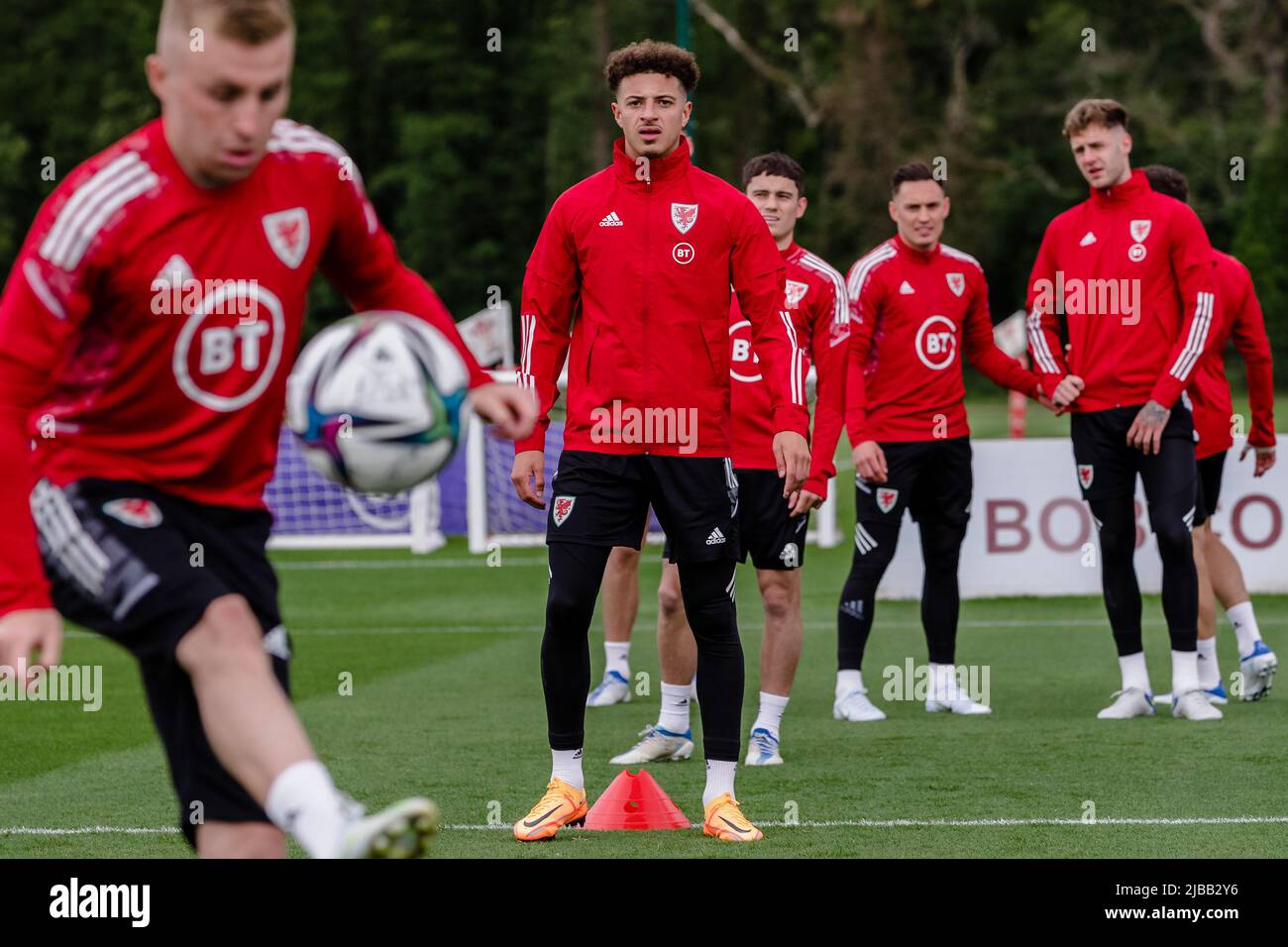 PONTYCLUN, WALES - 04 JUNE 2022: Wales' Ethan Ampadu and Wales' Connor ...