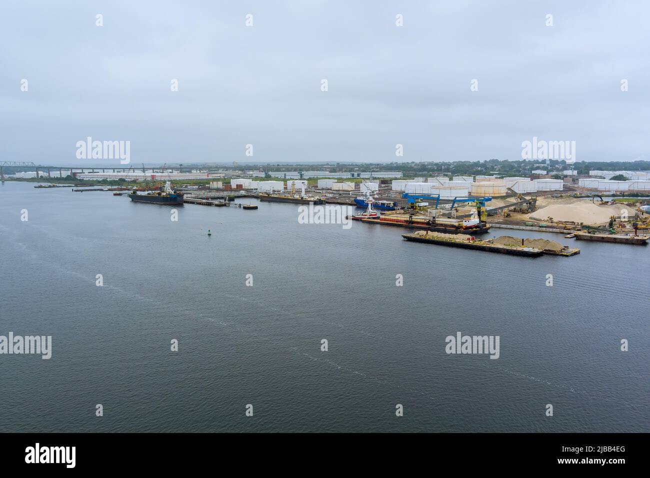 Aerial top view the oil tanker ship platforms with unloading at port ...