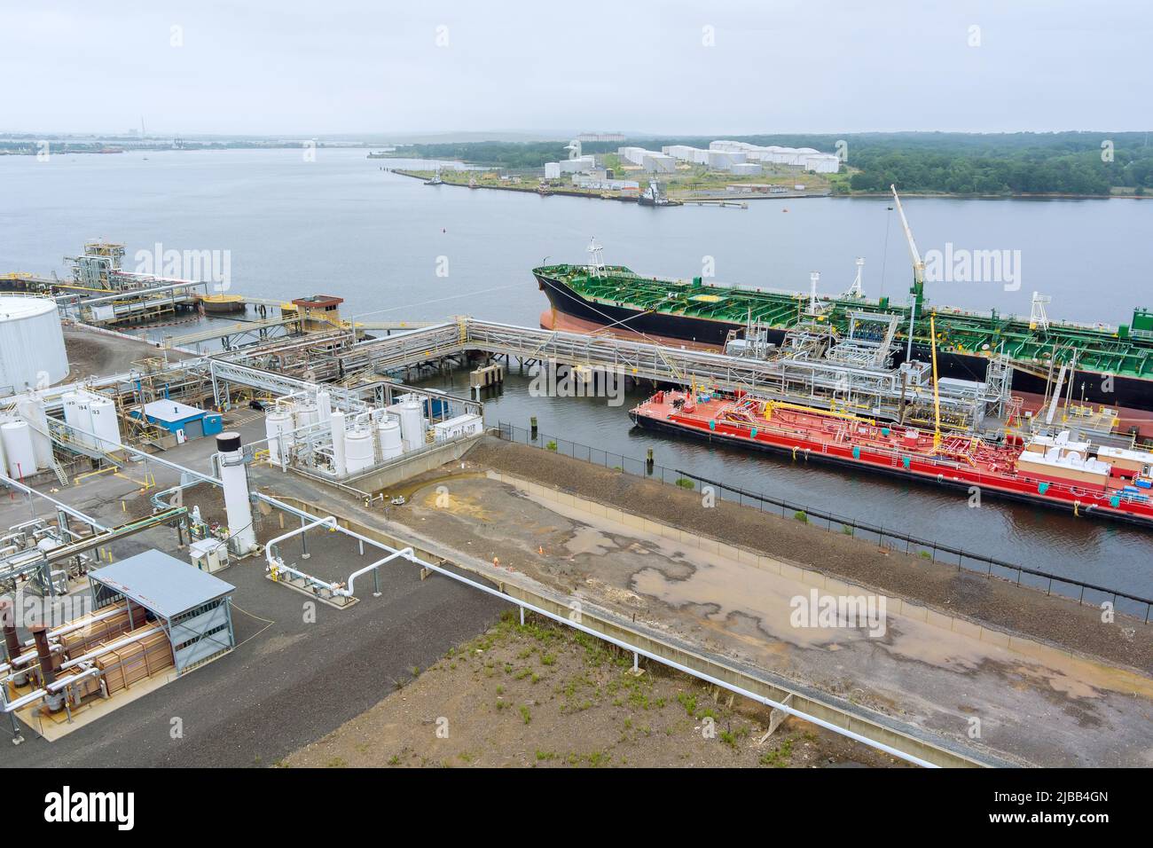 Aerial view tanker park at oil terminal commercial port for transfer ...