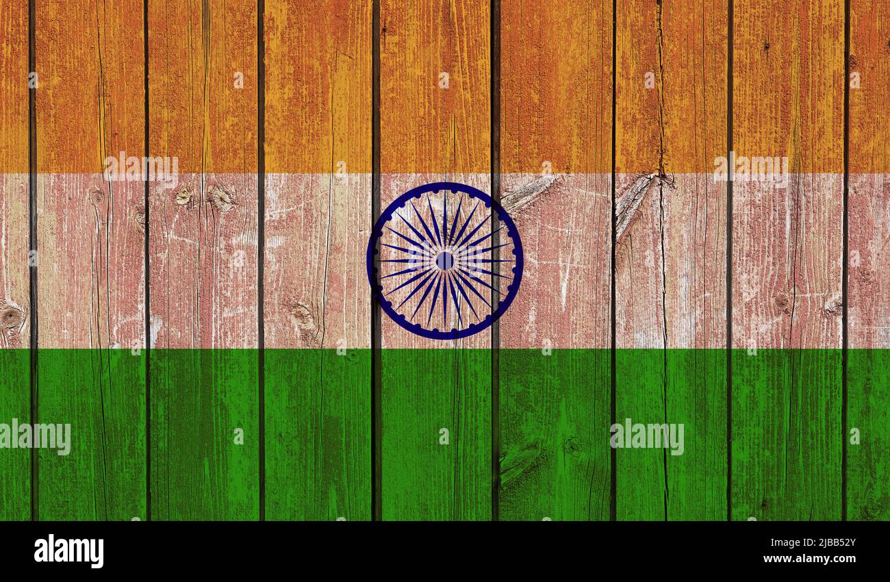 Top view of Old Painted Flag of India on Dark Wooden Fence, wall ...
